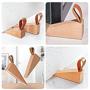Wood Door Stopper, 2 Pack Door Stoppers Wedge with Adhesive Hooks, Solid Beech Wood Door Stop Wedge with Leather Band for Hanging, Wood Door Stoppers for Bottom of Door