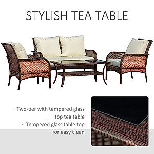 Outsunny 4-Piece Outdoor Wicker Sofa Set, Outdoor PE Rattan Conversation Furniture with 4 Chairs & Table, Water-Fighting Material, White