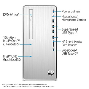 HP Pavilion Desktop 1TB HDD 16GB Optane, 3.6GHz i3-10100 Quad-Core (4GB RAM, DVD-R, Intel UHD Graphics 630, Windows 10 Home) Silver, TP01-1227c (9EF10AA) (Renewed)