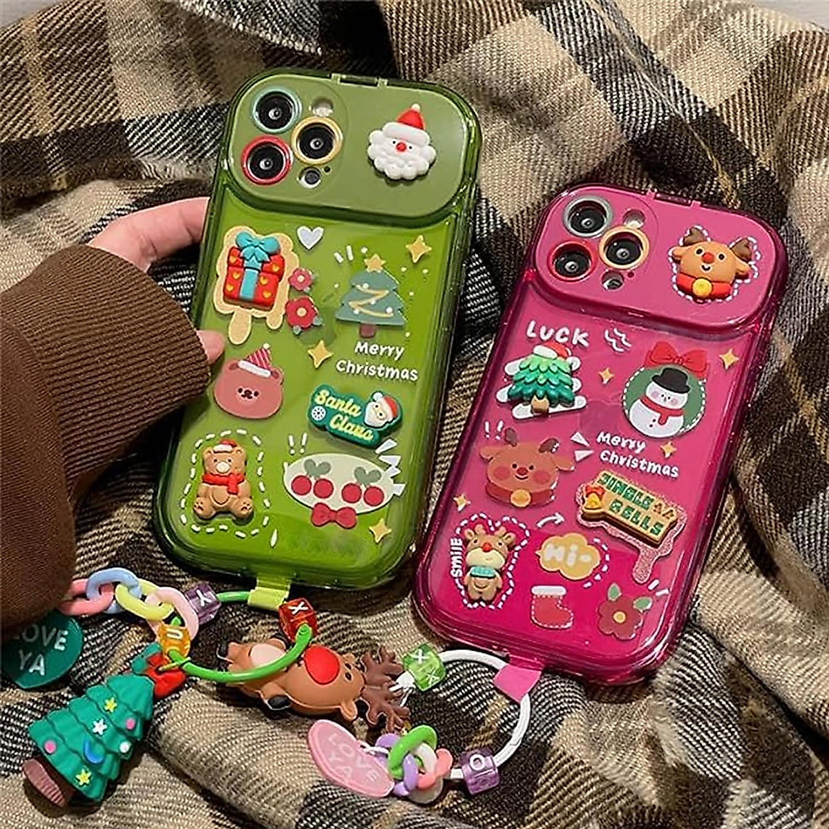 LELEBEAR Christmas Phone Case, Christmas Tree Pendant Flip Mirror Case Cover Suitable for iPhone 15 14 13 12 Series (Holiday red, 14PRO MAX)