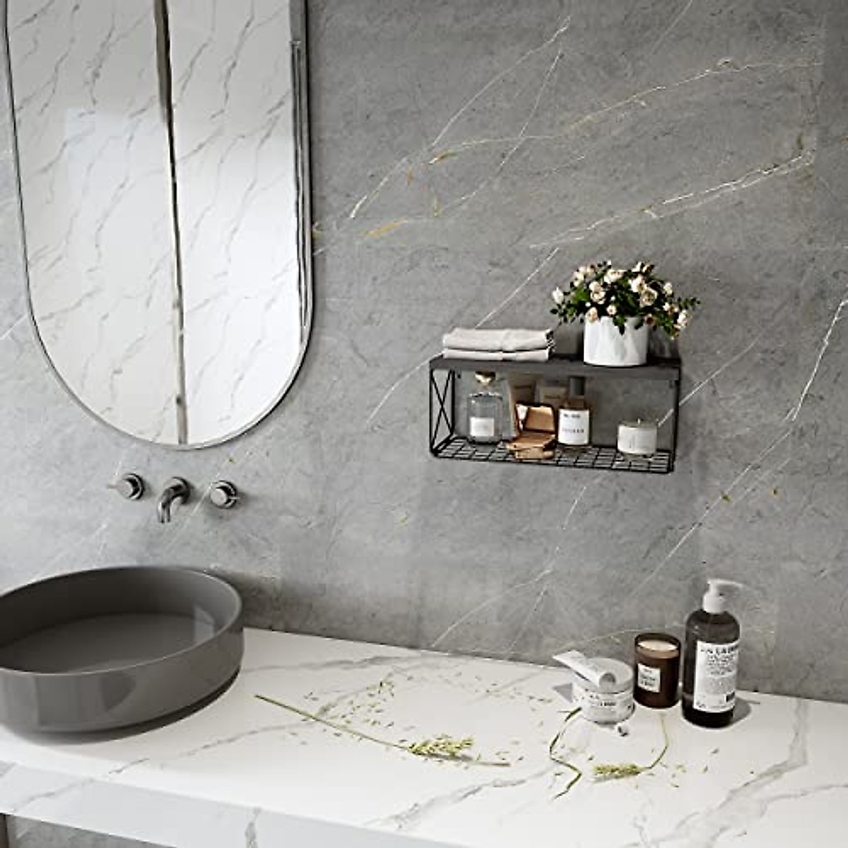 Hoiicco Floating Shelf Wall Mounted, Bathroom Shelf for Over The Toilet with Paper Storage Basket, Wood Wall Shelf for Wall Decor, Bedroom, Living Room, Kitchen, Washroom