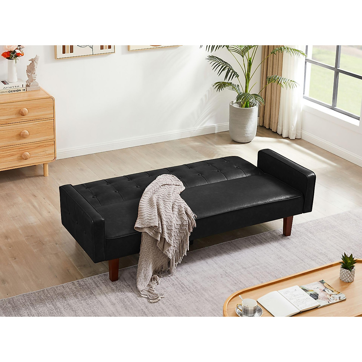 HoynPuko Multi-Functional Convertible Double Folding PU Leather Sofa Bed Living Room Furniture with Removable Wooden Legs, Adjustable Button Tufted Backrest, 74.41" W x 32.67" D x 29.13" H Black