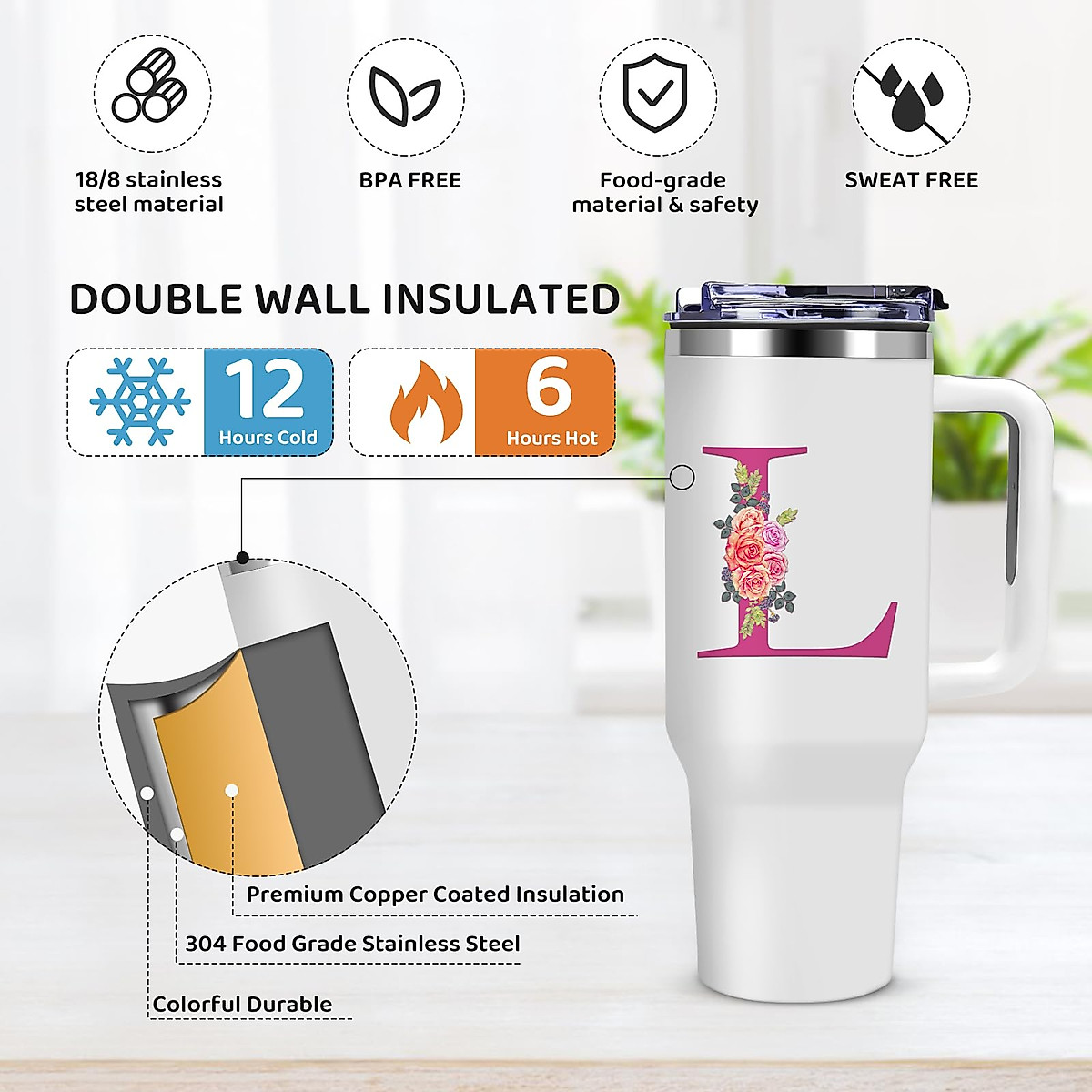 AiHeart 40oz Initial Tumbler,Personalized Gift for Women,Sister,Wife,Best Friend,Monogrammed Gifts for Birthday, Christmas,Custom Tumbler,Cute Tumbler with Straws-L