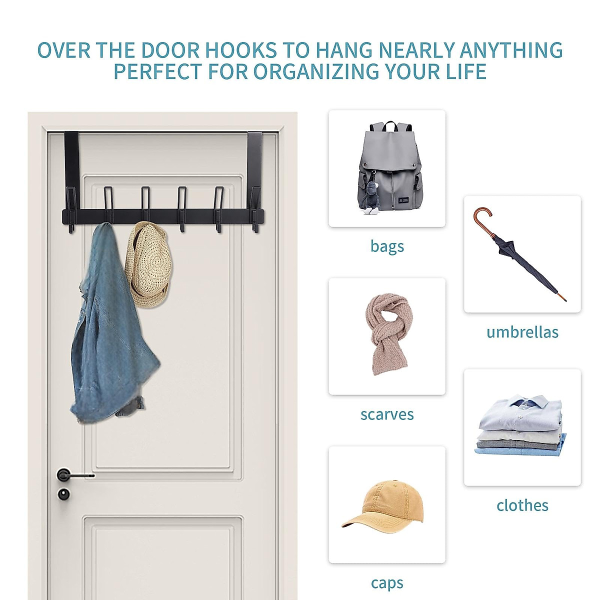 BWVWEU Behind Door Hooks,Door Back Hooks with Six Double Hooks for Living Room, Bathroom, Bedroom, Kitchen Hanging Clothes, Towels, Hats (Black 2 Pack)