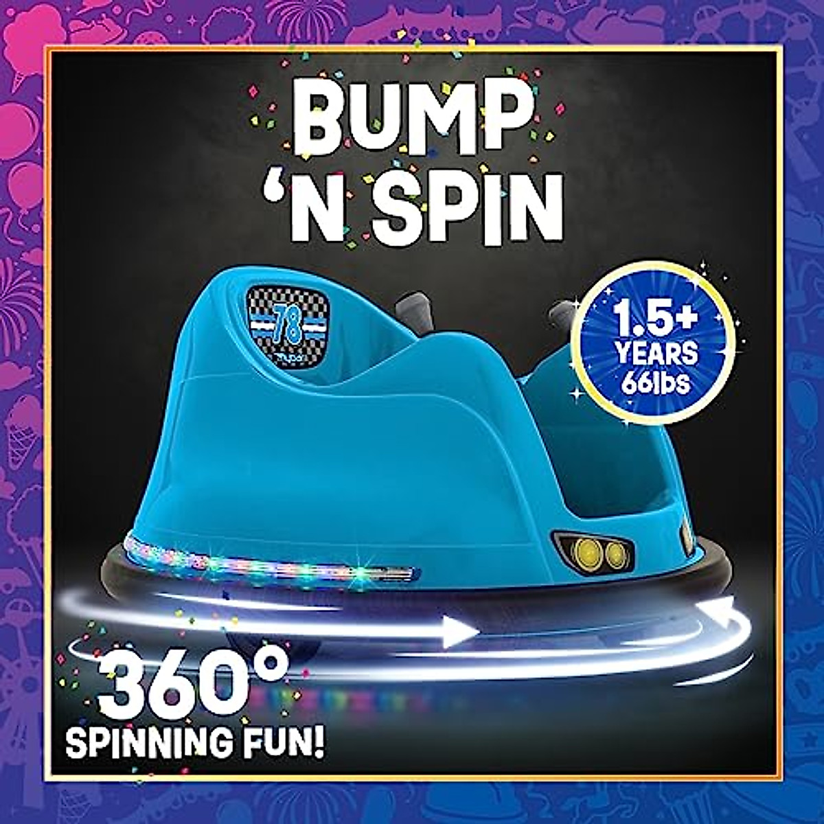 Flybar FunPark 6V Bumper Car for Toddlers, Electric Toddler Ride On Toys for Kids, Baby, Ages 1.5-4 Years, LED Lights, 360 Degree Spin, Supports up to 66 pounds (No Remote), Large, 6v Pink/Purple