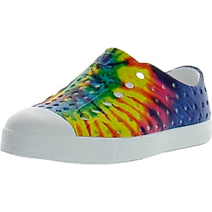 Native Shoes Kids Jefferson Print Sneakers for Toddlers - Flexible Eva Upper, Colorful Fun Prints Allover, and Round Closed Toe Shell White/Shell White/Neon Multi Tie-Dye 9 Toddler M