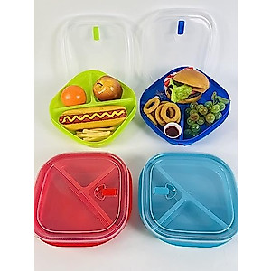 Set of 4 - Microwave Food Storage Containers, Lunch Boxes - 3 Section / Compartment Divided Plates w/ Vented Lid and 1 BAMD Kitchen Conversion Magnet, 41965n