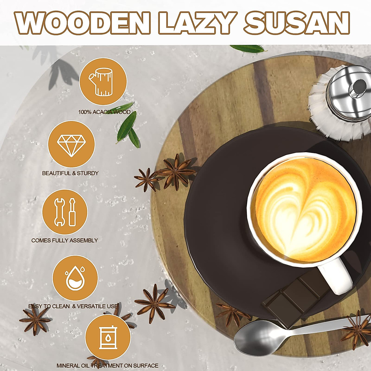 Lazy Susan Turntable for Cabinet - 9.85" Acacia Wood Lazy Susan Organizer for Kitchen Countertop Pantry Coffee Table, Vanity Tray for Perfume Dresser Tops Bathroom Counter Home Decoration