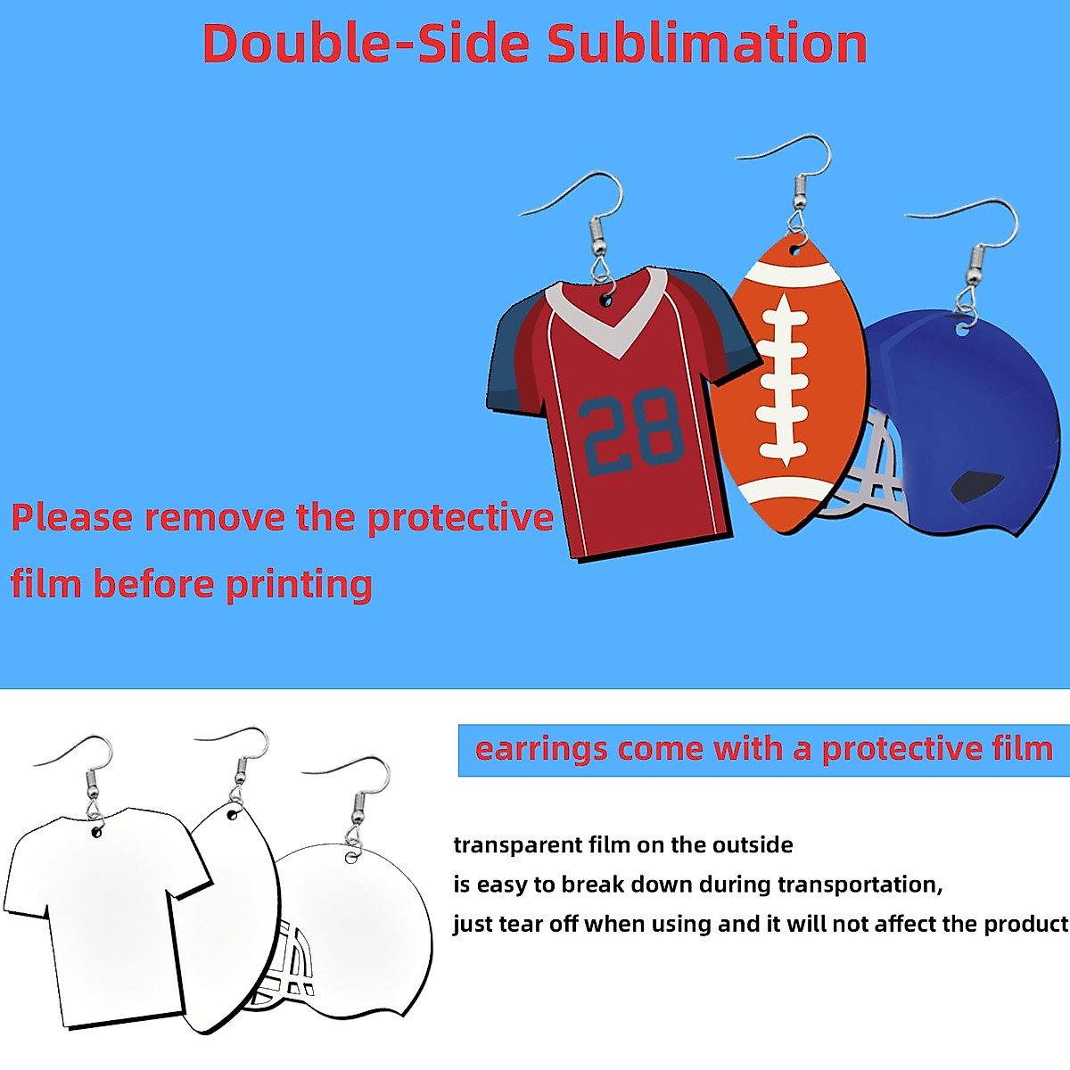 24 PCS Sublimation Earring Wooden Blanks Bulk MDF for Sublimation Football Earrings Double-Sided with Earring Hooks and Jump Rings DIY Sublimation Earrings Kit (Football, Football Shirt, Helmet)