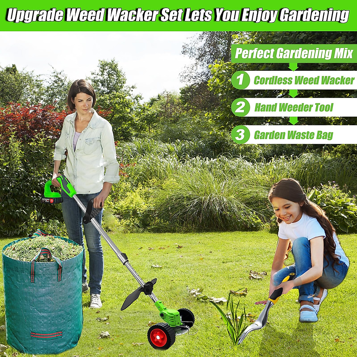 Weed Wacker Battery Operated, Electric Weed Eater Cordless Weed Trimmer Battery Powered 21V 2Ah,Lightweight Grass Trimmer/Lawn Edger/Mower/Brush Cutter, Wheeled No String Lawn Trimmer for Garden Yard