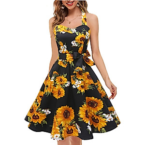 Topdress Women's Vintage Polka Audrey Dress 1950s Halter Retro Cocktail Dress Black Sunflower M