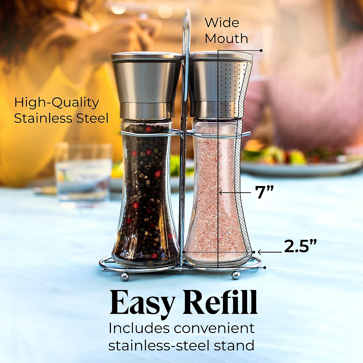 Willow & Everett Salt and Pepper Grinder Set - Stainless Steel Refillable Salt & Peppercorn Shakers