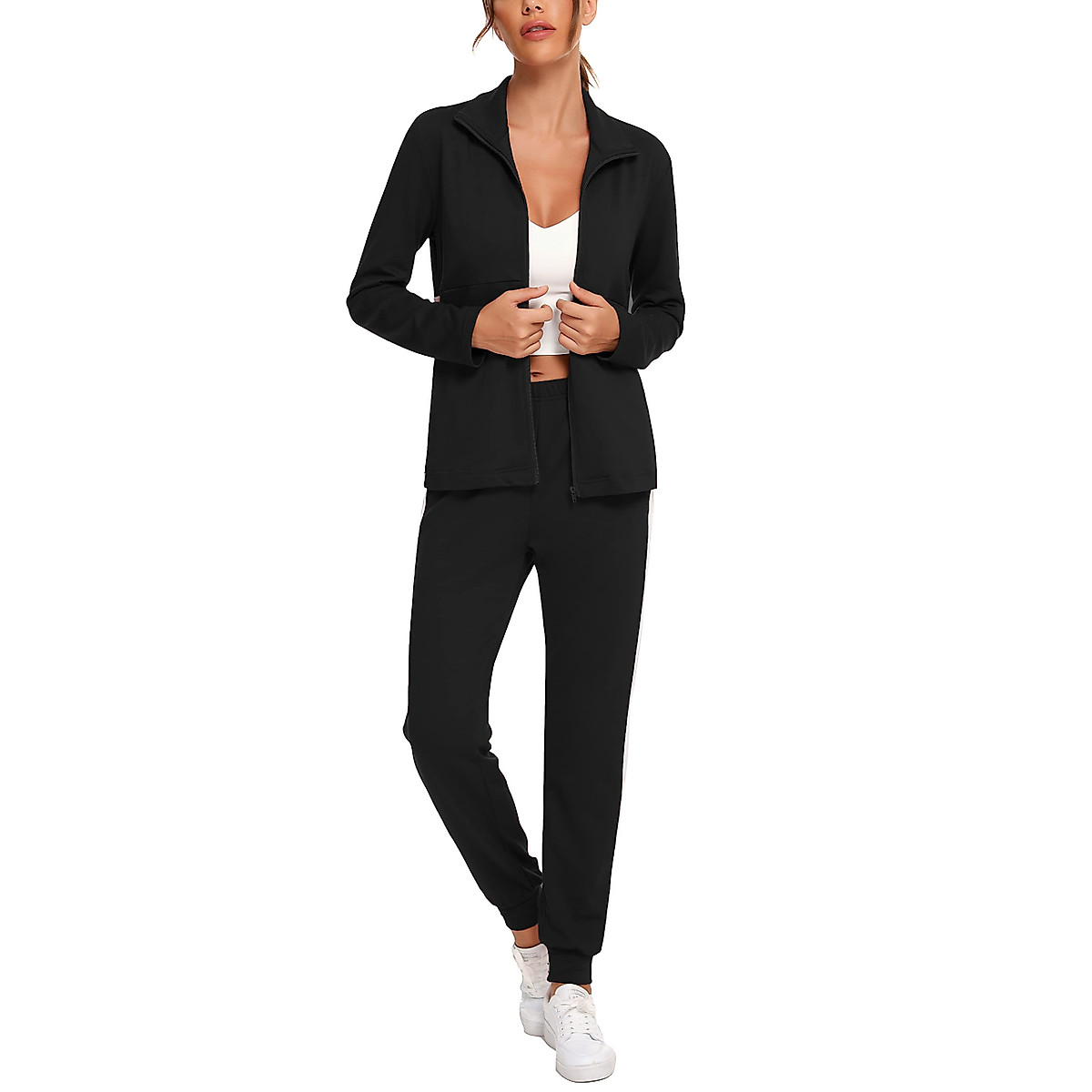 HALCYEEN Womens 2 Piece Tracksuits Set Casual Travel Comfy Zipper with Pockets Sweatshirt and Jogger Pants Black L