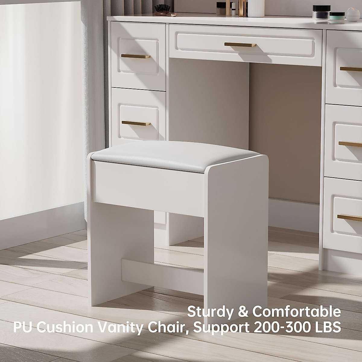 Homesflex Vanity Desk with Mirror and LED Lights, 43'' W Makeup Vanity Desk with Power Outlet, 3 Color Modes, 7 Drawers Vanity Table with Chair, Dressing Table for Bedroom, Dressing Room (White)