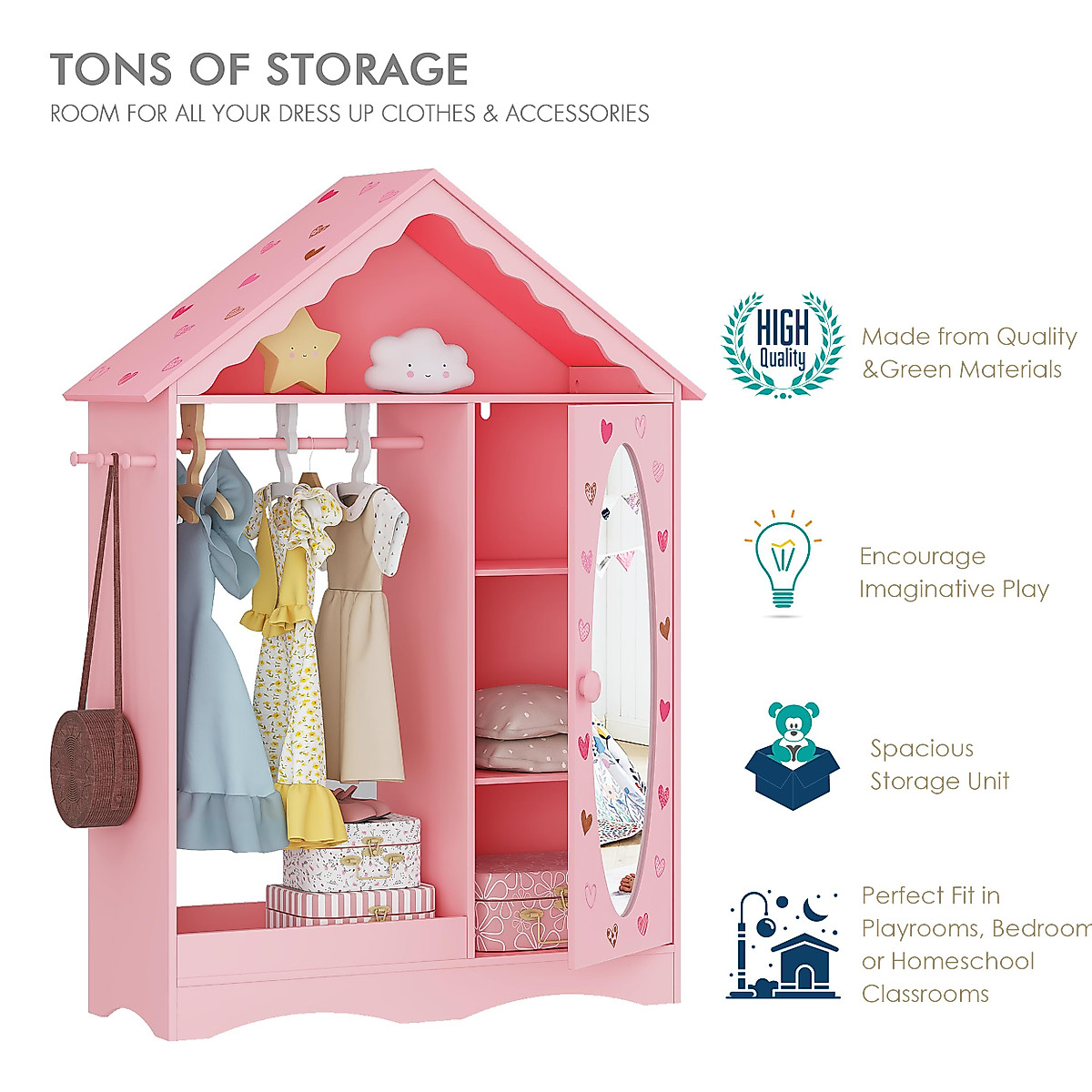 UTEX Kids Dress Up Storage with Mirror, Kids Wardrobe Closet, Dress Up Armoire for Little Girls, Open Hanging Kids Costume Organizer with Storage Cabinet for Kids Room, Playroom