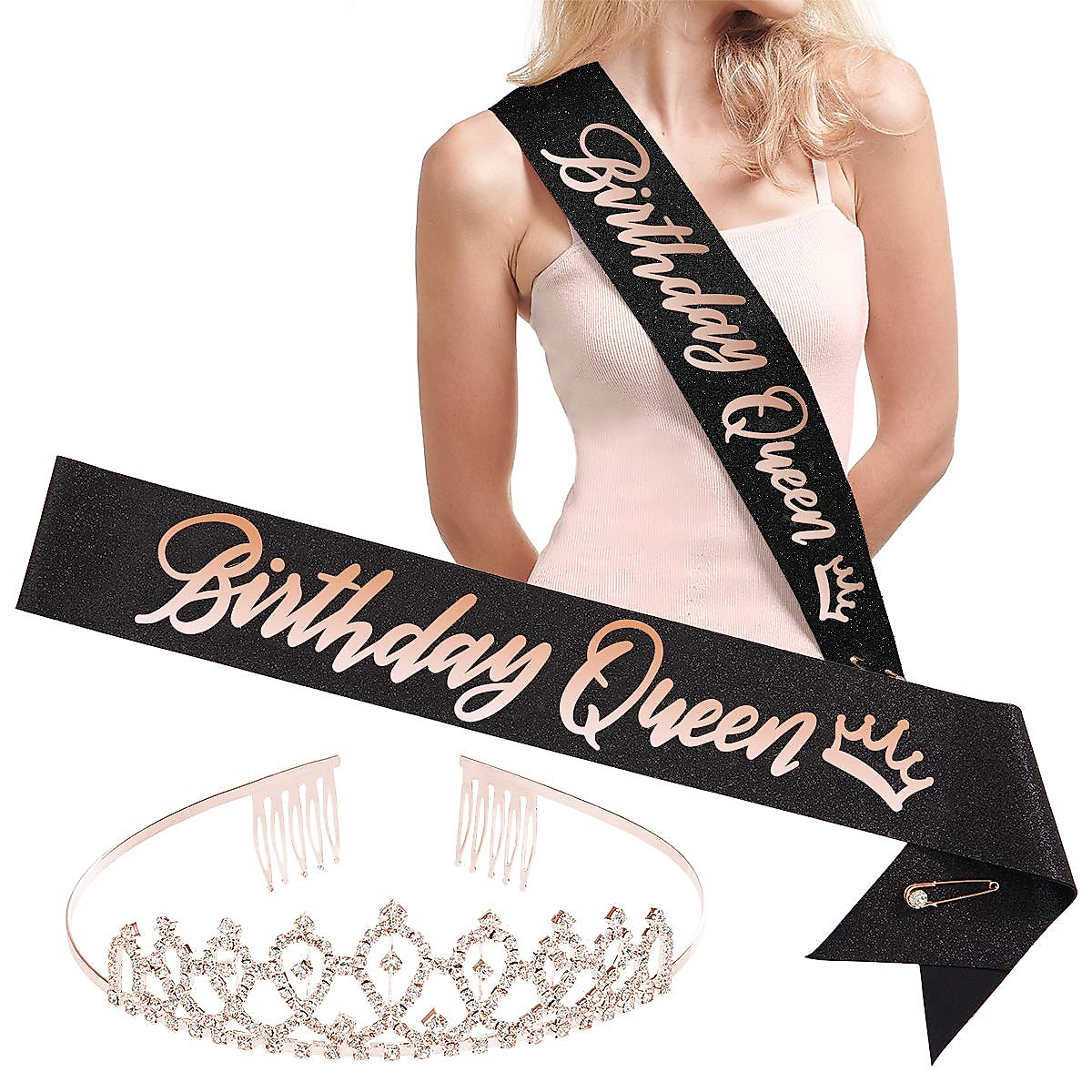 xo, Fetti Birthday Queen Sash + Tiara - Black Glitter + Rose Gold Foil | Birthday Party Decorations - 16th, 21st, 30th, 40th, 50th, Girl