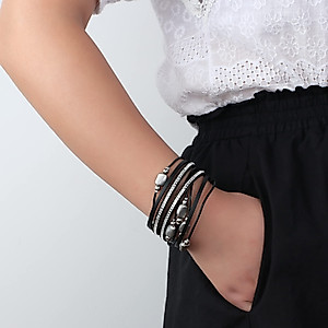 hotoo Beaded Leather Wrap Bracelet for Women Black Boho Handmade Bracelets Teen Girls Layered Cute Rhinestone Cuff