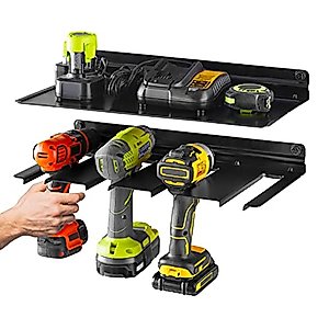 Modern Innovations Power Tool Organizer with Shelf, Wall Mount Electric Drill Storage Rack, Floating Shelf for Cordless/Battery Powered Tools, Holder for Workshop, Shed, Garage Shop Organization