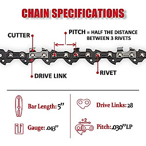 E & S Chainsaw Bar & Chain Combo 5 Inch .043" Gauge .030" Pitch 28 Drive Links, Semi Chisel 5 Inch Chainsaw Chain for Worx WG324E WG324E.9 Model