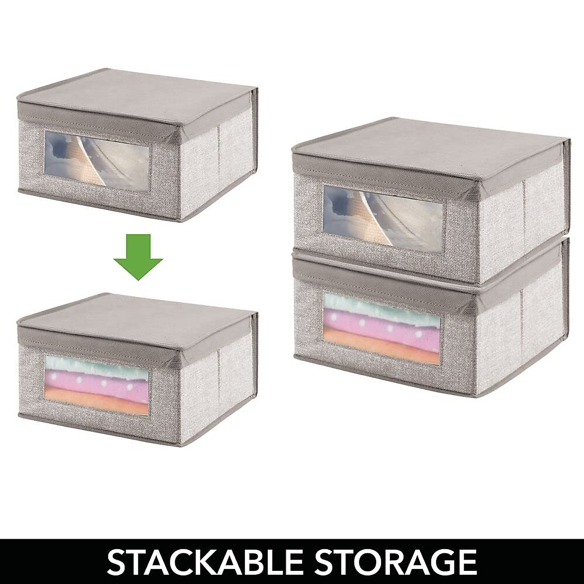 mDesign Medium Fabric Stackable Closet Storage Organizer Box with Front Window/Lid for Bedroom, Office, Mudroom Organization, Hold Clothes, Blankets, Linens, Lido Collection, 2 Pack, Linen/Tan