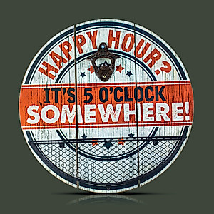 American Art Decor Bottle Opener & Cap Catcher - Wall-Mounted Wooden Beer Cap Collector - Room Decor Accessories for Bar, Man Cave, Garage, Game Room & More (Happy Hour)