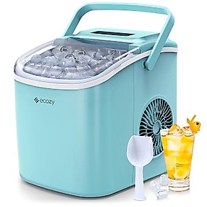 ecozy Portable Ice Maker Countertop, 9 Cubes Ready in 6 Mins, 26 lbs in 24 Hours, Self-Cleaning Machine with Ice Bags/Standing Ice Scoop/Ice Basket for Kitchen Office Bar Party, Aqua