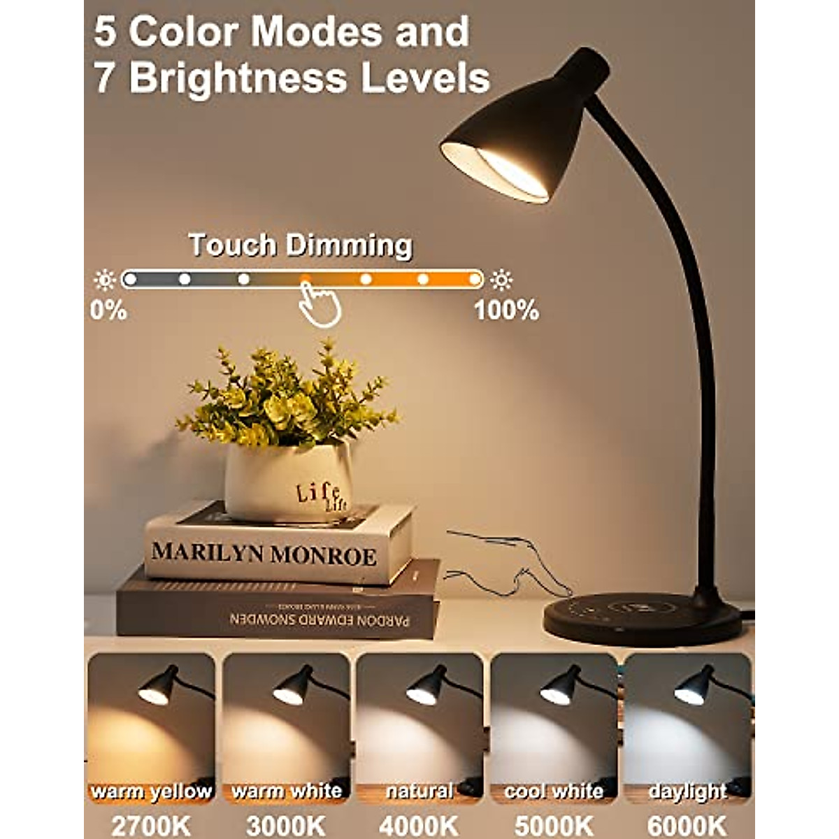 KAiSnova Desk Lamp with Wireless Charger & USB Charging Port, 60 LED Desk Lamps for Home Office, 5 Color & 7 Levels Brightness Touch Control Table Lamp, Gooseneck Desk Lamps for Bedroom Bedside Dorm