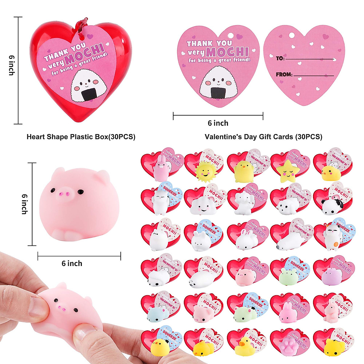 FiGoal 30 PCS Valentine’s Day Kids Gift Mochi Set with 30 Assorted Mochi Filled Hearts and 30 Valentines Gift Cards for Kids Classroom Prize Student Toy Present Valentine Gift Exchange