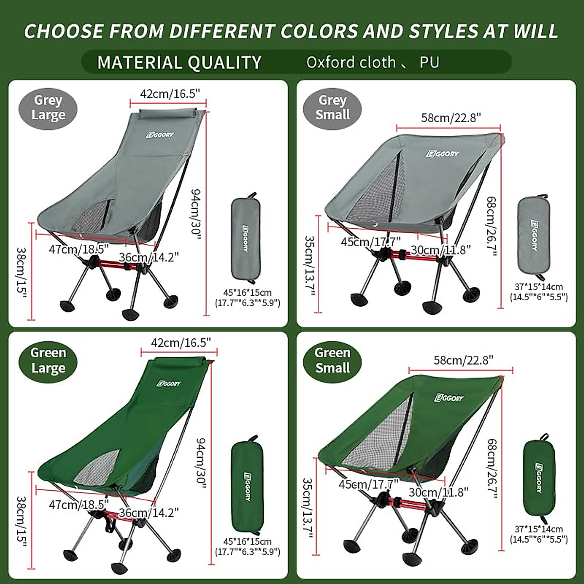 EGGORY Camping Chair, Outdoor Collapsible Chair, Portable Ultralight Compact Camping Folding Beach Chair with Anti-Sinking Large Feet, Stable Compact for Outdoor Camp, Travel, Beach, Picnic