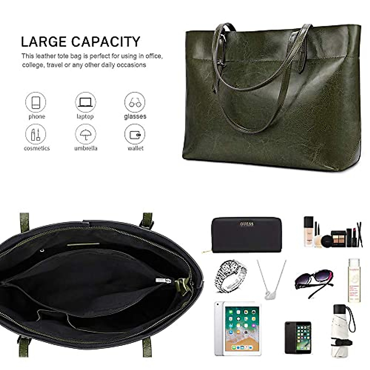 Kattee Vintage Genuine Leather Tote Shoulder Bag for Women Satchel Handbag with Top Handles (1-Green)