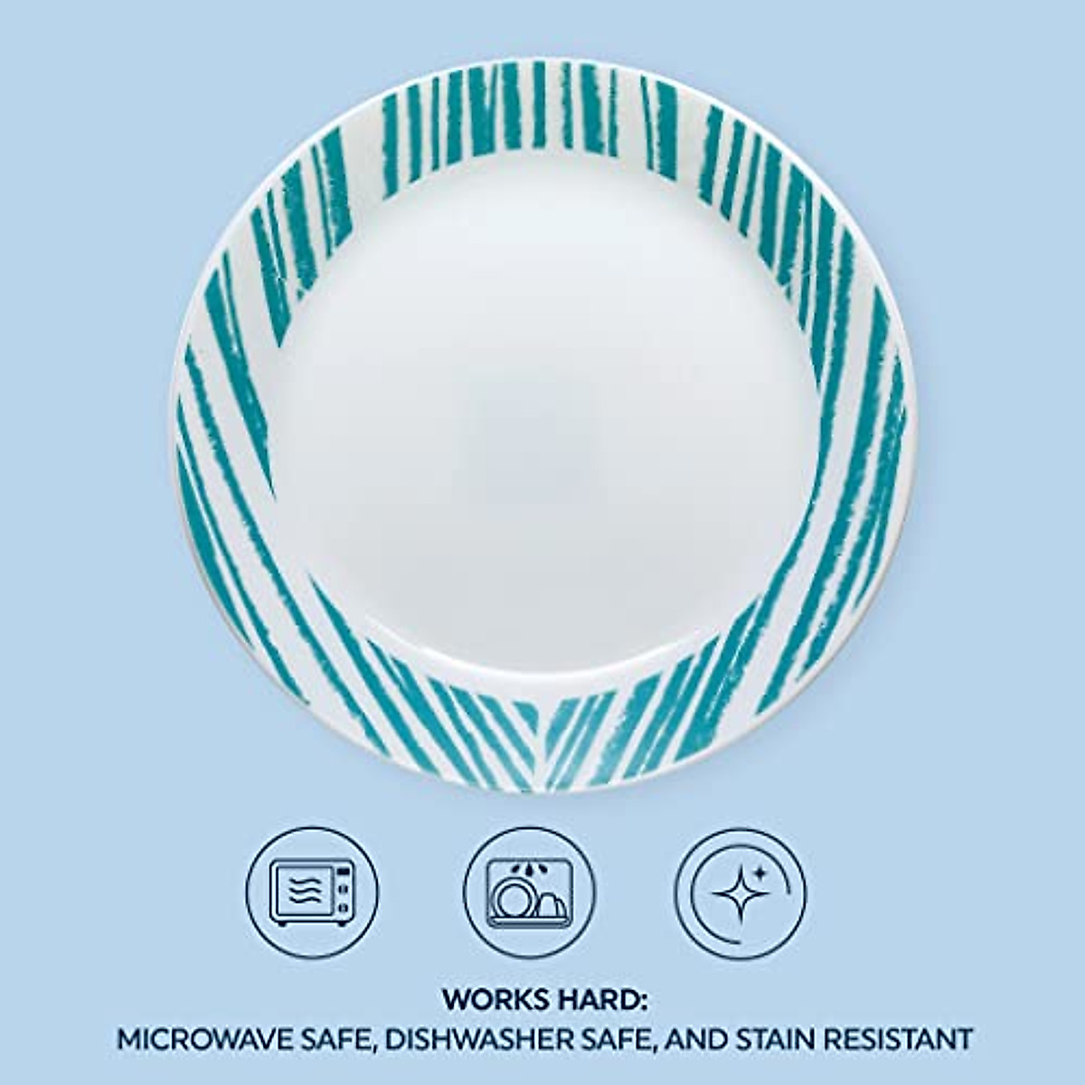 Corelle Everyday Expressions 4-Pc Dining Plates Set, Service for 4, Durable and Eco-Friendly 10-1/2-Inch Plates, Higher Rim Glass Dinner Plate Set, Microwave and Dishwasher Safe, Geometrica