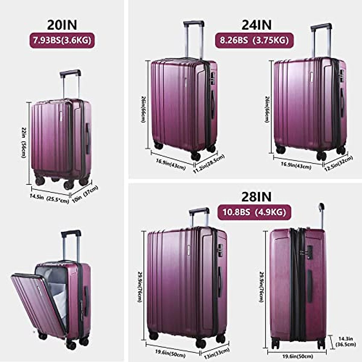 TydeCkare Luggage Set 3 Piece 21/24/28, 21" carry on with Front Pocket & 24/28" with Expandable, ABS+PC Suitcase with 4 Silent Wheels, TSA, YKK, Rose Red