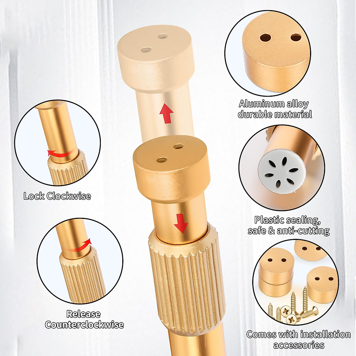 Closet Rods 2 pack, Closet Pole for Hanging Clothes, Strong Tension Rod for Closet 17-30 inch Premium Aluminum, with End Supports for Wardrobes (Gold)