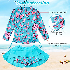 swimsobo Girls Two Pieces Swimsuit Butterfly Bathing Suit Long Sleeve Rash Guard Swimming Skirt with Shorts Swimwear 9 10 Years Old