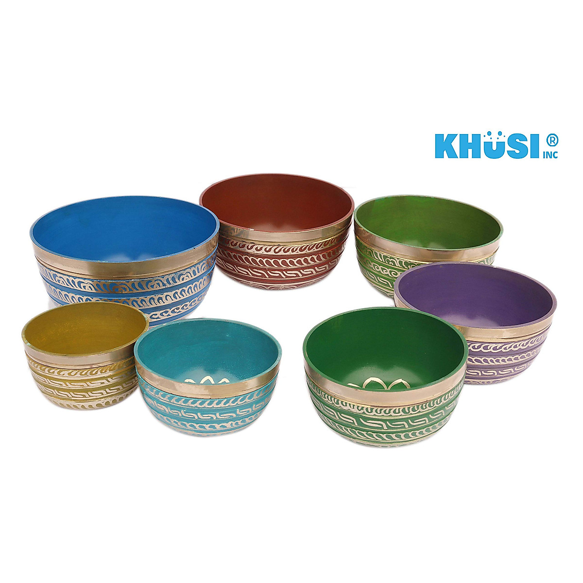 Khusi Tibetan Singing Bowl Set of 7, Handmade, 7 Colors Singing Bowl, Chakra healing, Relaxation, Stress Relief and Spiritual Singing Bowl, Comes w/silk cushions, 4 sticks and Brocade Box