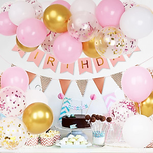 Pink Gold Confetti Balloons Arch Kit, 103 Pack 12inch Pink and Gold White Latex Balloons, Birthday Balloons for Girls, Baby Shower Balloons