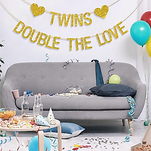 Ambishi Twins Double The Love Banner, Twins Baby Shower/Twins Birthday/Engagement/Wedding Party Decorations (Gold Gliter)