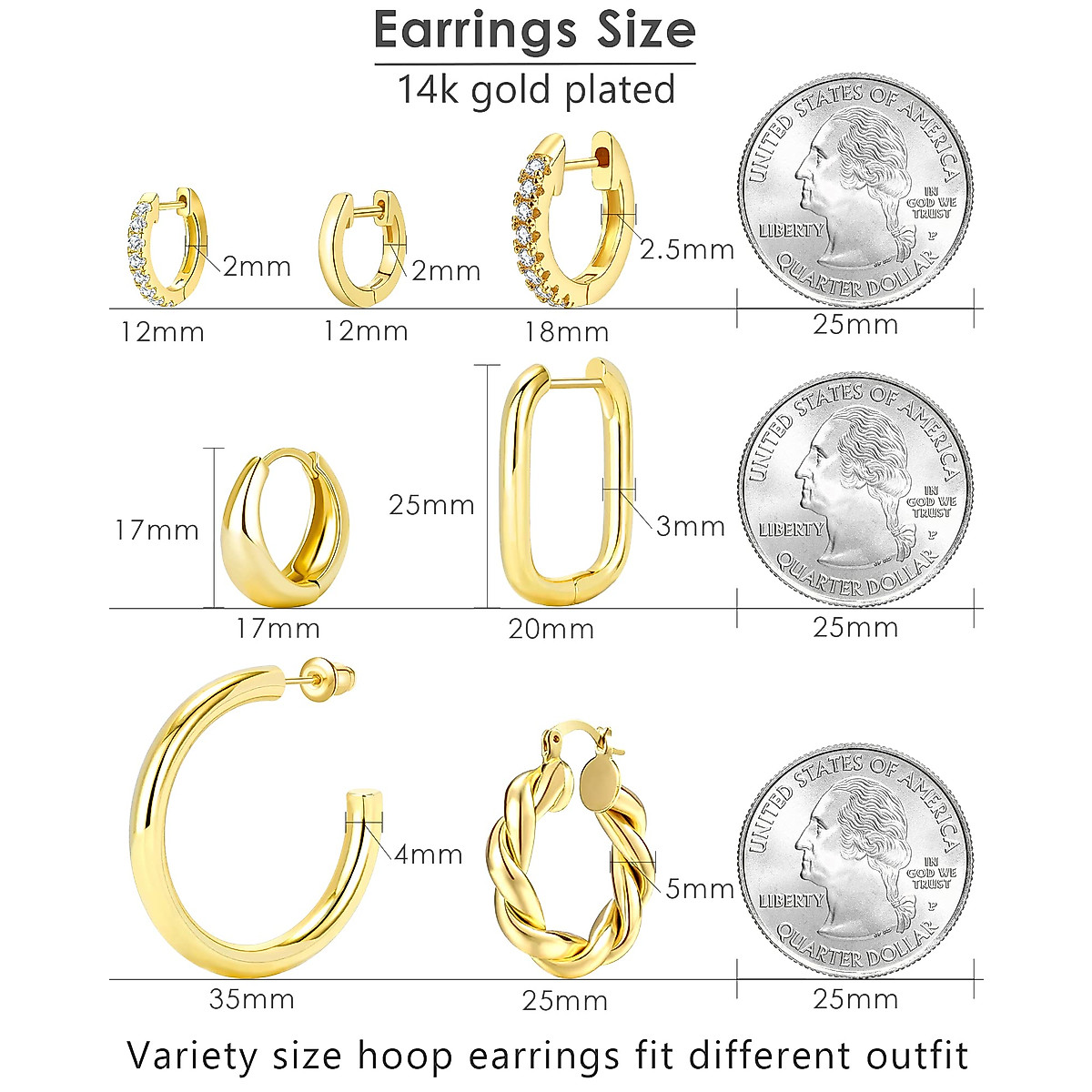 Adoyi Small Gold Huggie Hoop Earrings for Women Chunky Twisted Big Gold Hoops Set Hypoallergenic 14K Gold Plated Large Huggie Hoop Earrings Pack for Women Gift Lightweight 7 Pairs ball earrings