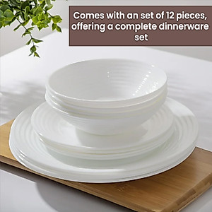 Blueniya 12 Piece White Opal Dinnerware Set, Opal Dinner Set, Kitchen Non-Toxic, Scratch & Chip Resistant, Microwave, Dishwasher Safe - 4pc Dinner Plate, 4pc Salad Plate, 4pc Cereal Bowl