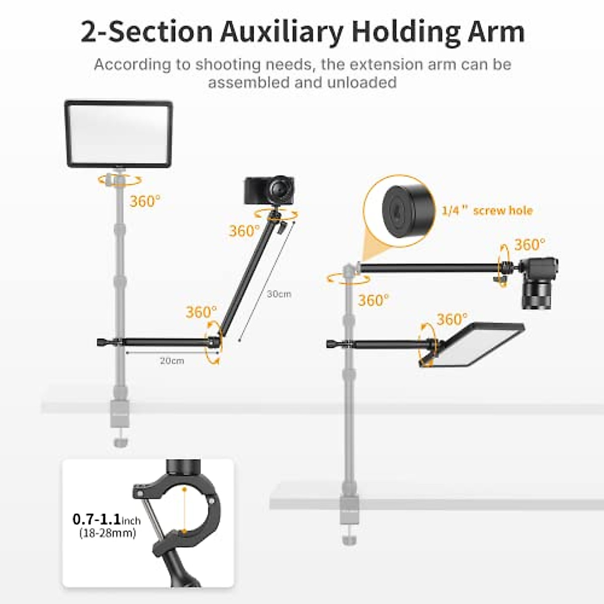 PICTRON VIJIM Flexible Arm Auxiliary Holding Arm, Detachable 2-Section Magic Arm for Any Camera Desk Mount, Cameras, Lights and More, Multi Mount Accessory (LS04)