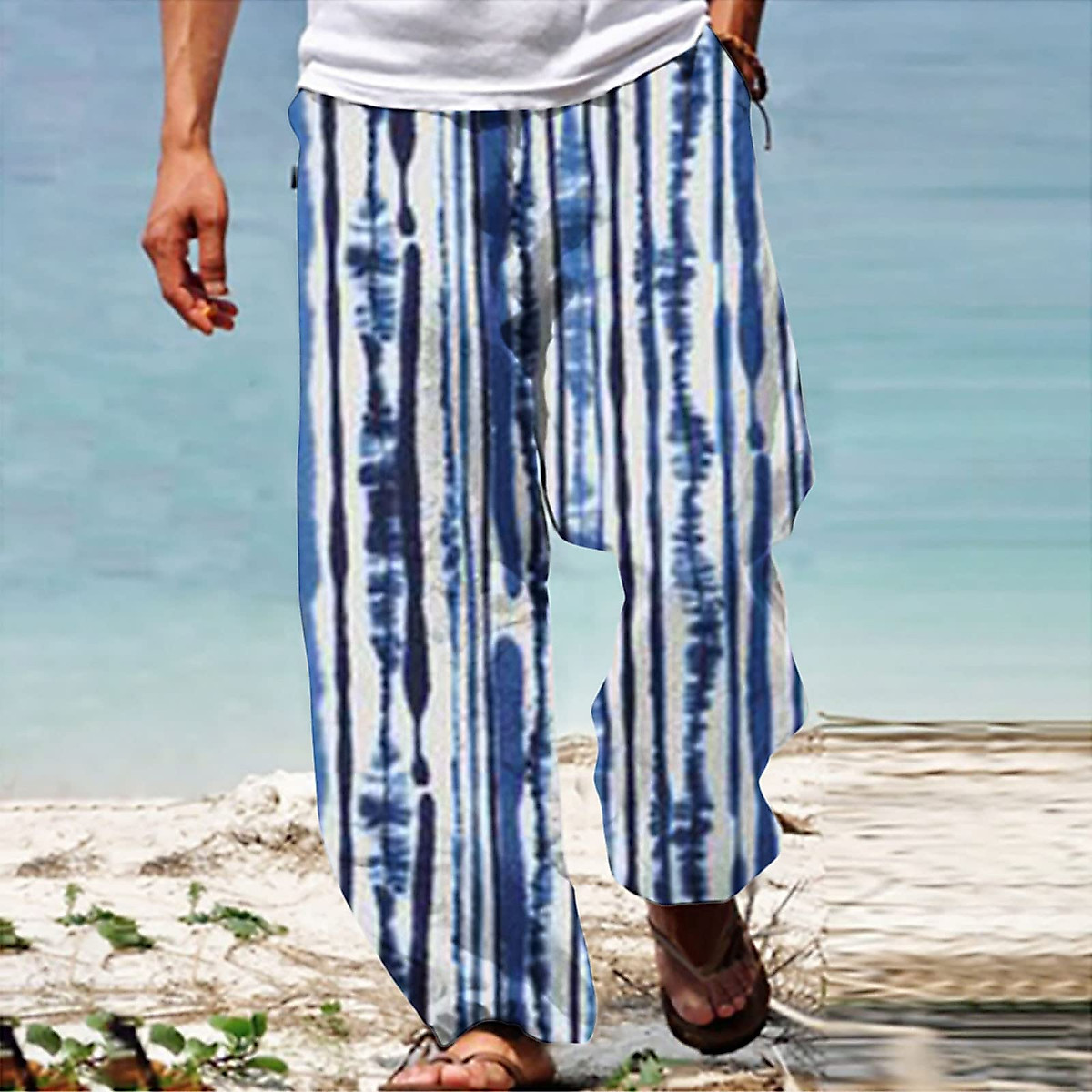 Muscularfit Baggy Cargo Pants Men Mens Casual Pants with Elastic Waistband Trousers for Men 2203 Cotton Linen Fashion Print Loose Pants Casual Lounge Drawstring Elastic Waist Straight Legs Sky Blue L