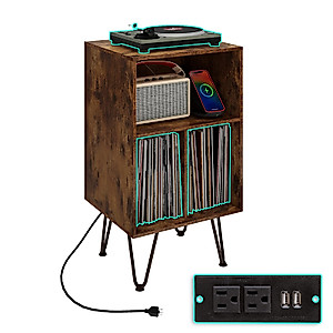 Record Player Stand with Vinyl Storage Turntalbe Stand with Charging Station and USB Ports Size W18 xD17 xH34 Record Player Table Shelf Holder with Power Outlet Holds 150 Albums Brown
