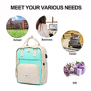 LOVEVOOK Laptop Backpacks for Women,Lightweight Cute Backpack with USB Charging Port Aesthetic Casual Travel Backpack 15.6 Inch,White&Green