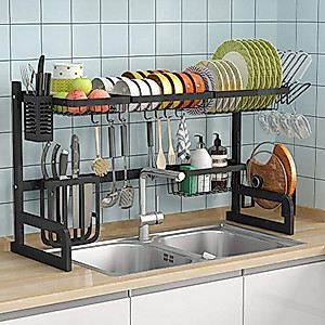 1Easylife Over The Sink Dish Drying Rack Adjustable 2-Tier Large Dish Dryer Rack for Kitchen Organizer Storage Space Saver Shelf Utensils Holder with 7 Utility Hook Tableware Drainer (Black)