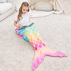 WERNNSAI Mermaid Tail Blanket - Wearable Mermaid Soft Blanket with Hairpin and Bracelet for Girls Kids Rainbow Soft Flannel Snuggle Blanket 55’’ x 24’’ Gift for Birthday Christmas