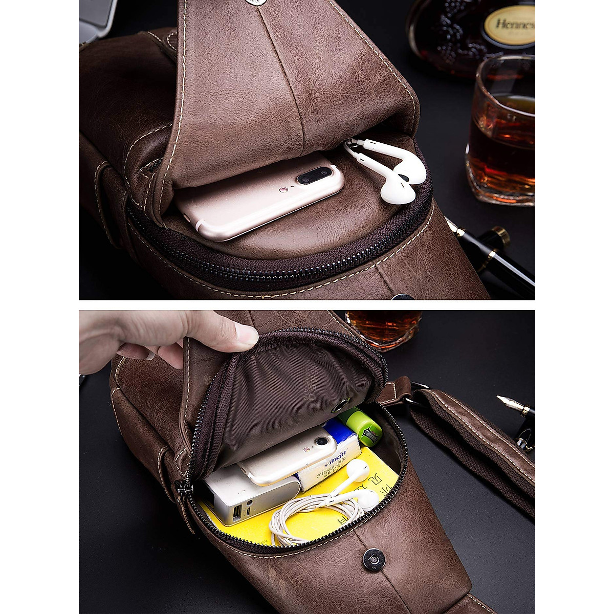 Genuine Leather Sling Bag,Full Grain Leather Chest Bag Casual Crossbody Shoulder Backpack Travel Hiking Vintage Daypacks for Men