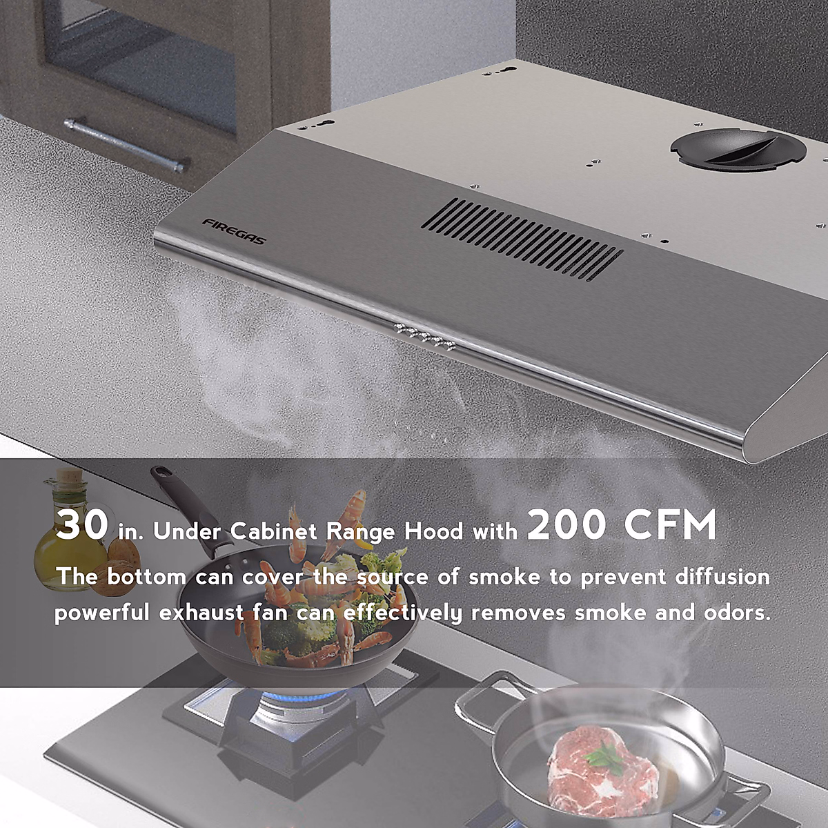 FIREGAS Under Cabinet Range Hood 30 inch, Ducted/Ductless Convertible Kitchen Hood Over Stove Vent, LED Light, 3 Speed Exhaust Fan, Reusable Aluminum Filters, Push Button, with Charcoal Filter