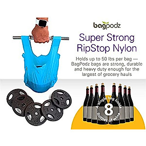 BagPodz Reusable Shopping Bags Inside a Compact Pod with Carry Clip - Washable Grocery Shopping Bags - Reusable Grocery Bags Heavy Duty RipStop Nylon Holds 50lbs Very Sturdy, 10 Pack in Blue