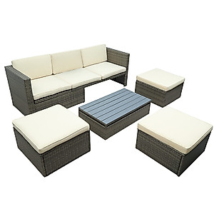 Merax U_Style Patio Furniture Sets, 5-Piece Patio Wicker Sofa with Adustable Backrest, Cushions, Ottomans and Lift Top Coffee Table