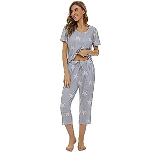 MOYEE Women's Pajama Set Soft Lounge Outfits Short Sleeve Capri Pants with Pockets(#01 Grey Ps, Large)